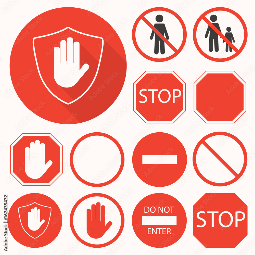 Stop signs collection. Stop hand, octagon, circle, shield signs for ...