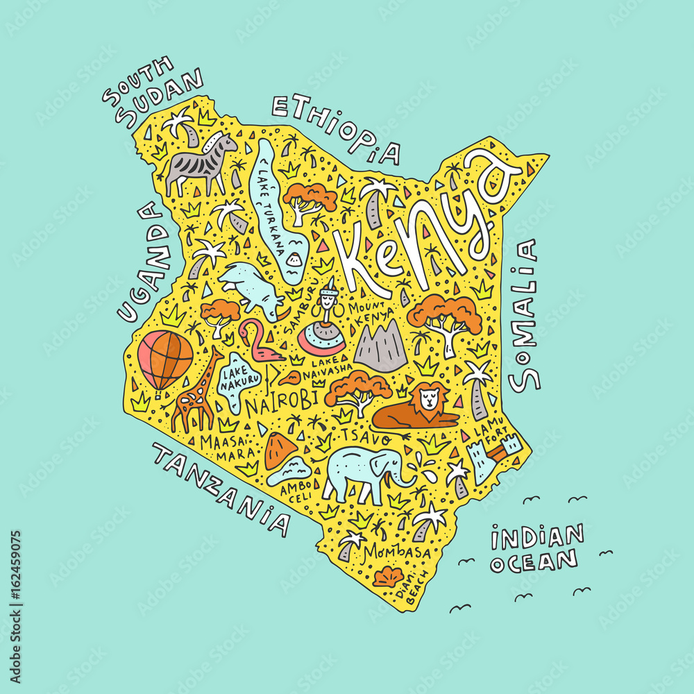 Cartoon Map of Kenya Stock Vector | Adobe Stock
