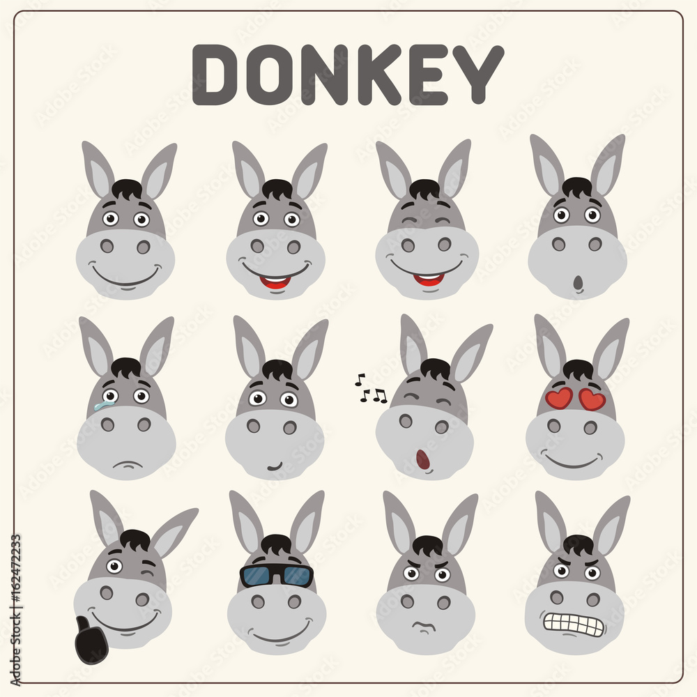 Emoticons set face of donkey in cartoon style. Collection isolated ...
