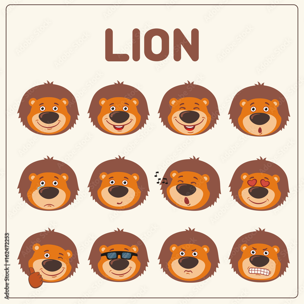 Emoticons set face of lion in cartoon style. Collection isolated funny ...