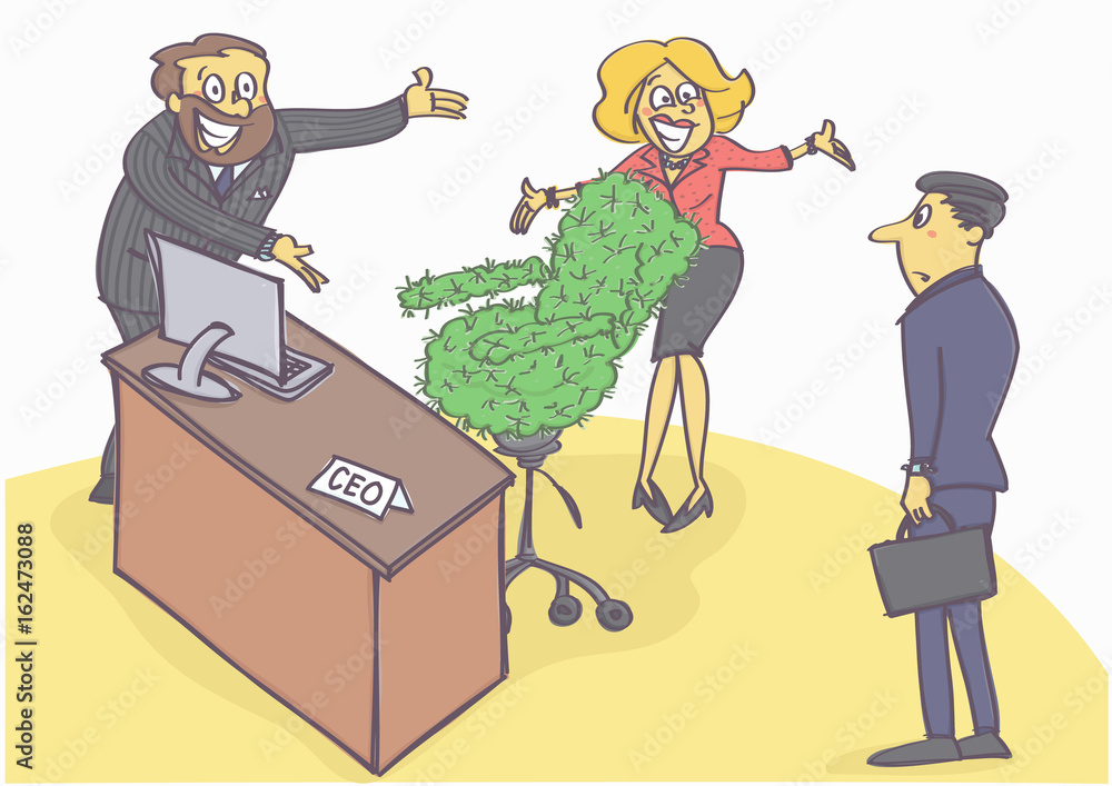 Funny cartoon illustration with two managers welcoming new chief ...