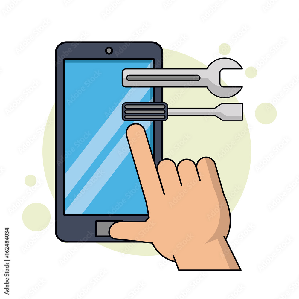 color background with smartphone and executing application of tools ...