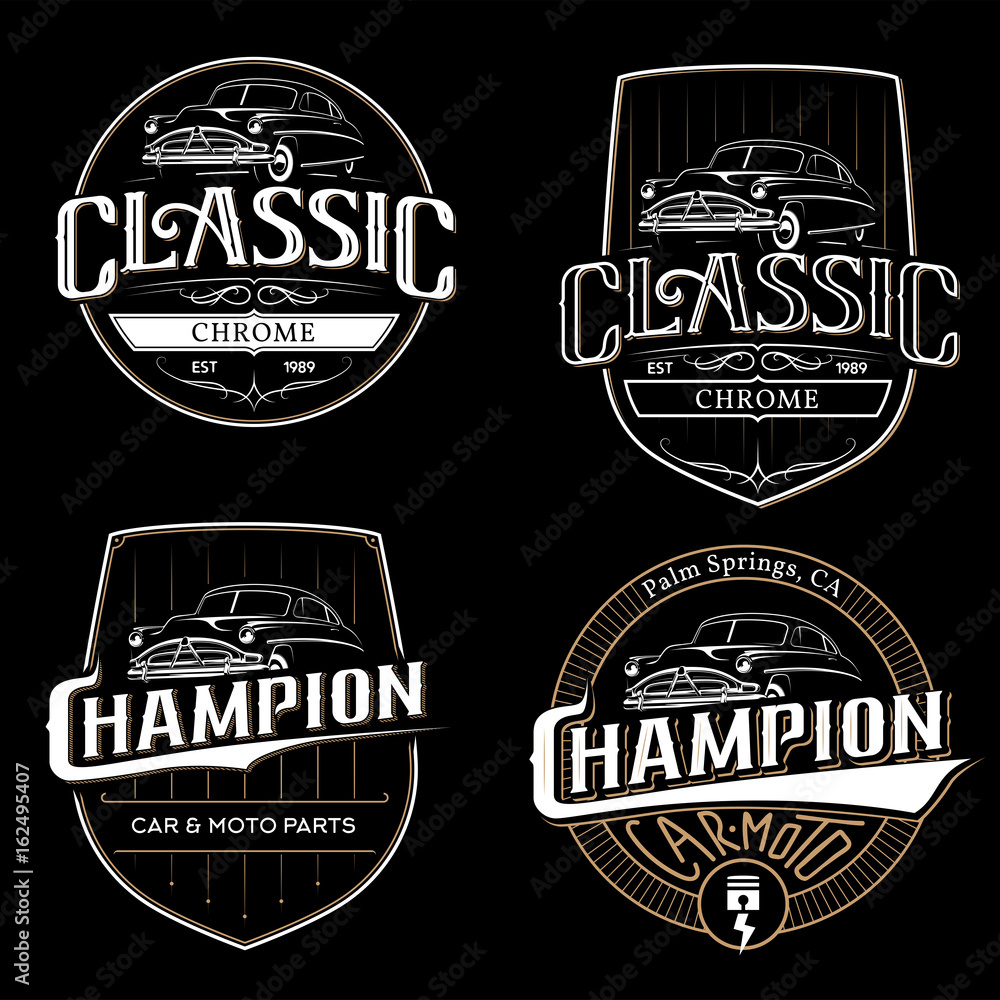 Set of old classic car typography emblems, badges and logo on black ...