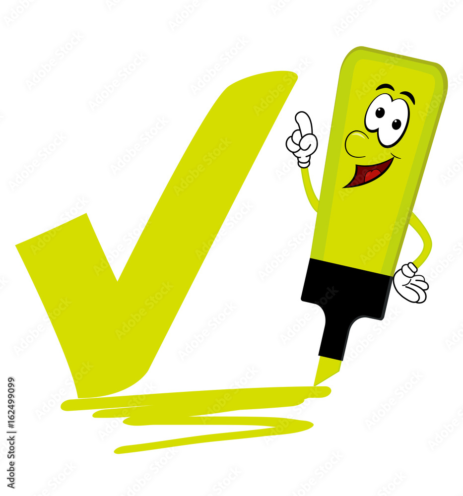 Yellow cartoon highlighter pen with bold tick or check mark. Stock ...