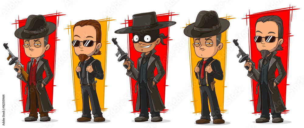 Cartoon criminal mafiosi with gun character vector set Stock Vector ...