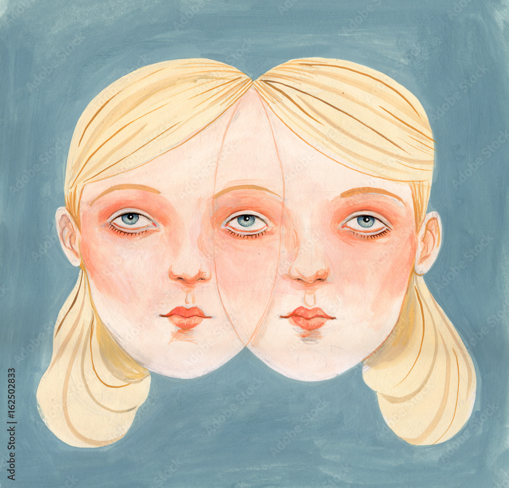 Portrait of blonde girl with two faces Stock Illustration | Adobe Stock