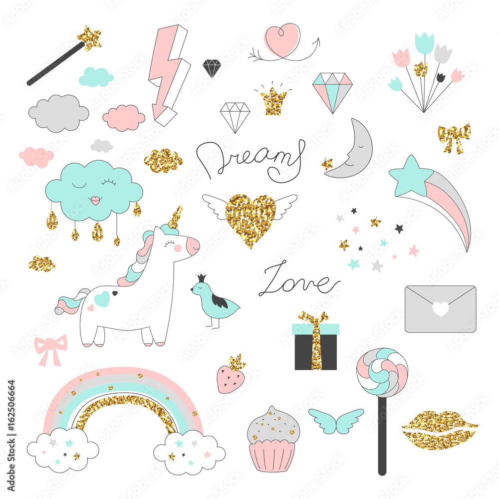 Magic design set with unicorn, rainbow, hearts, clouds and others ...