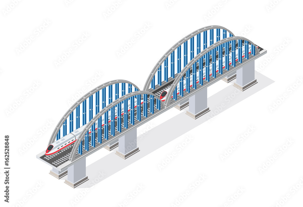 Railroad isometric bridge with railway and high-speed train by ...