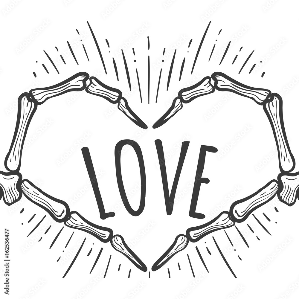Hand drawn skeleton hand love sign on white background, vector ...