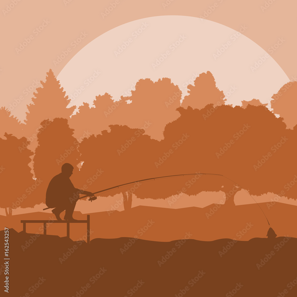 Fisherman near pond and trees vector landscape background Stock Vector ...