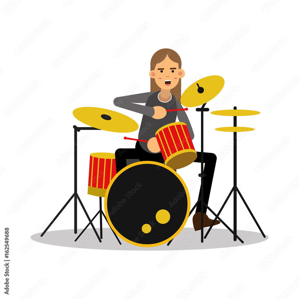 Mucisian man with long hairs playing on drum kit cartoon character ...