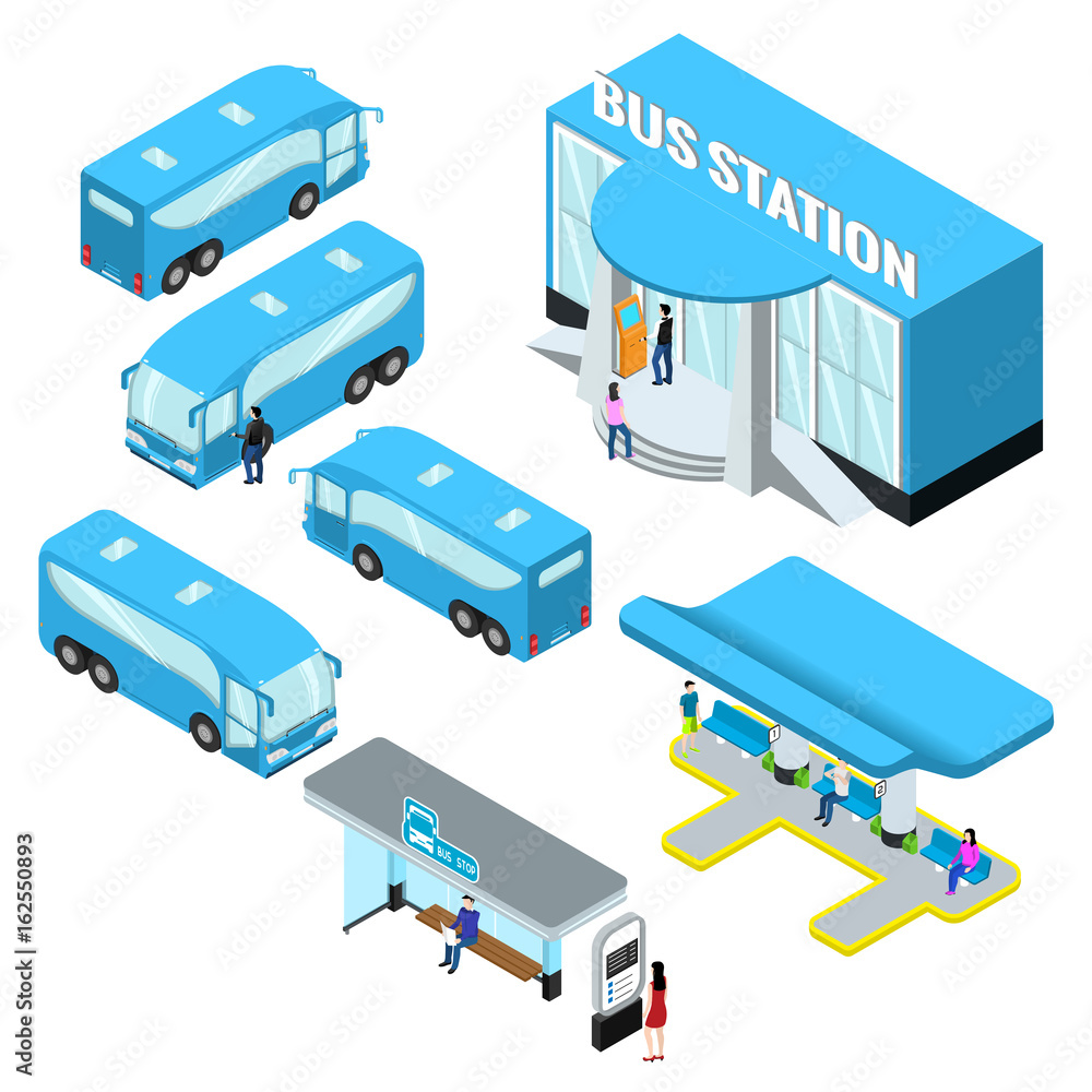 Bus station isometrics and buses, a platform for boarding a bus, a city ...