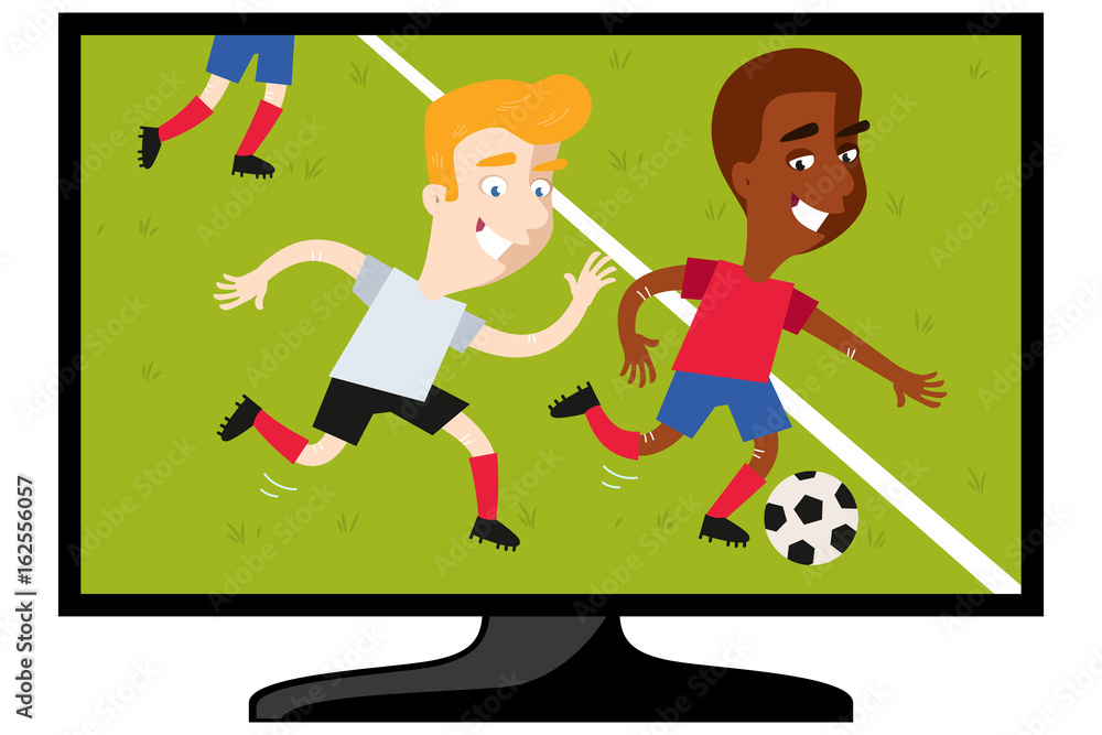 Vector illustration of TV set showing cartoon football match with two ...