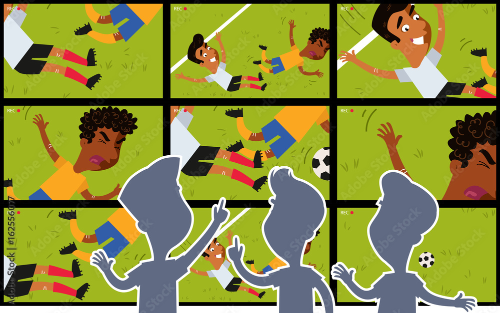 Vector cartoon illustration of TV screens showing video replay of foul ...