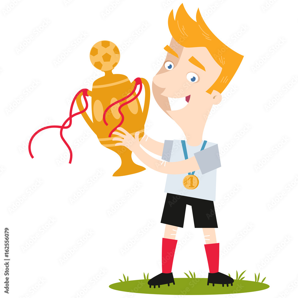 Smiling blond cartoon football player in white shirt celebrating ...