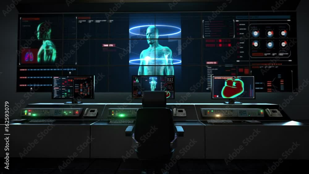 Human medical care center, main control room, Human skeletal and blood ...