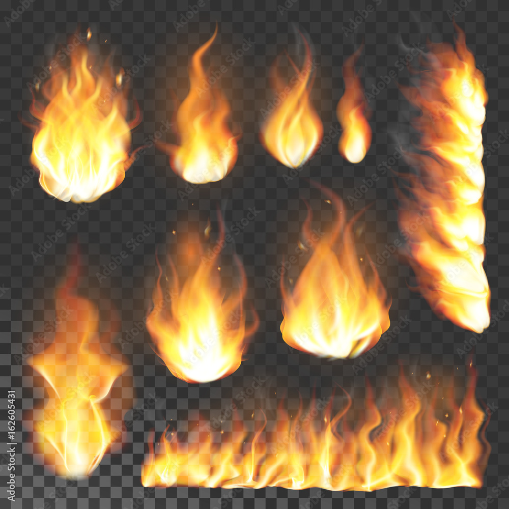 Realistic 3d fire flame flare blaze burning vector illustration on ...