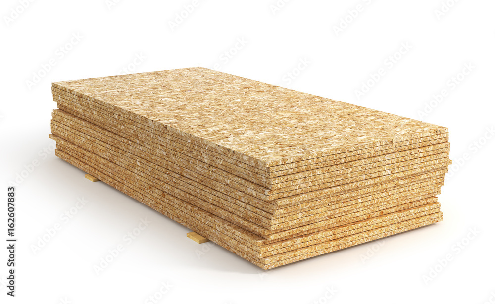 Stack of oriented strand board isolated on a white background. 3d ...