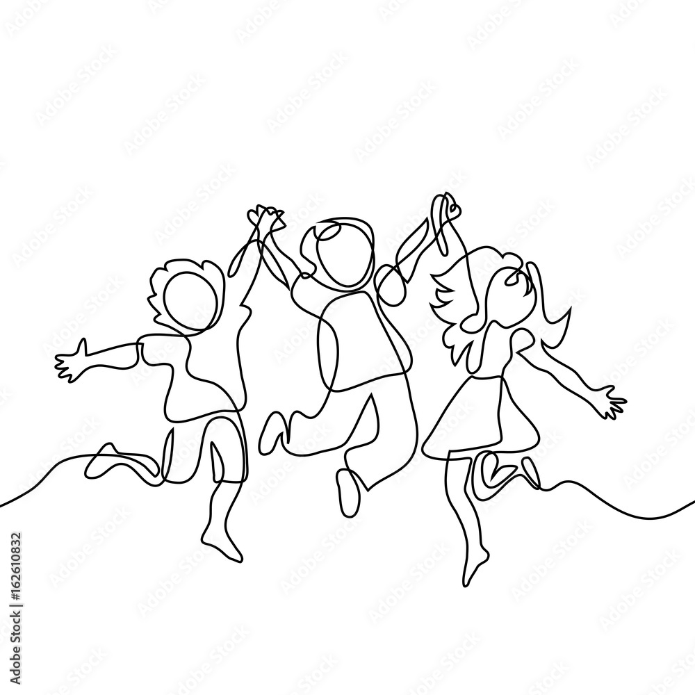 Happy jumping children holding hands. Continuous line drawing. Vector ...