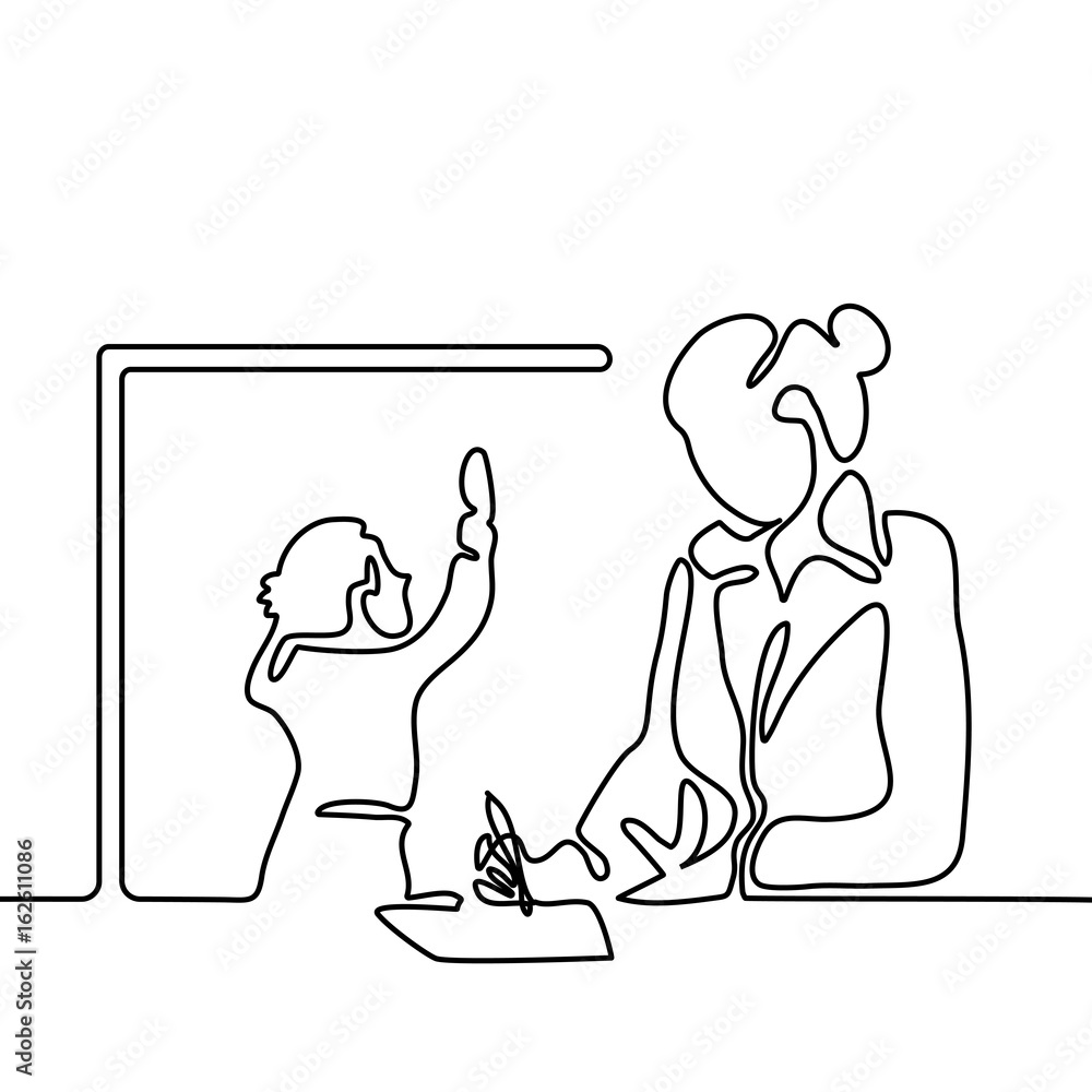 Teacher with boy writting on Chalk school board . Continuous line ...