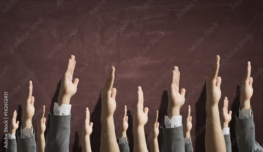 Group of people rise hands . Mixed media foto de Stock | Adobe Stock