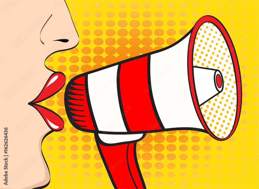 Sexy Pop Art Woman Mouth And Megaphone Speaking Vector Background In