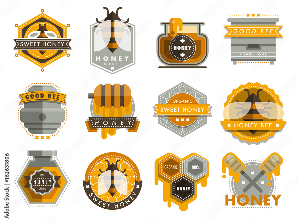 Set bee logo labels for honey products organic farm emblem natural ...