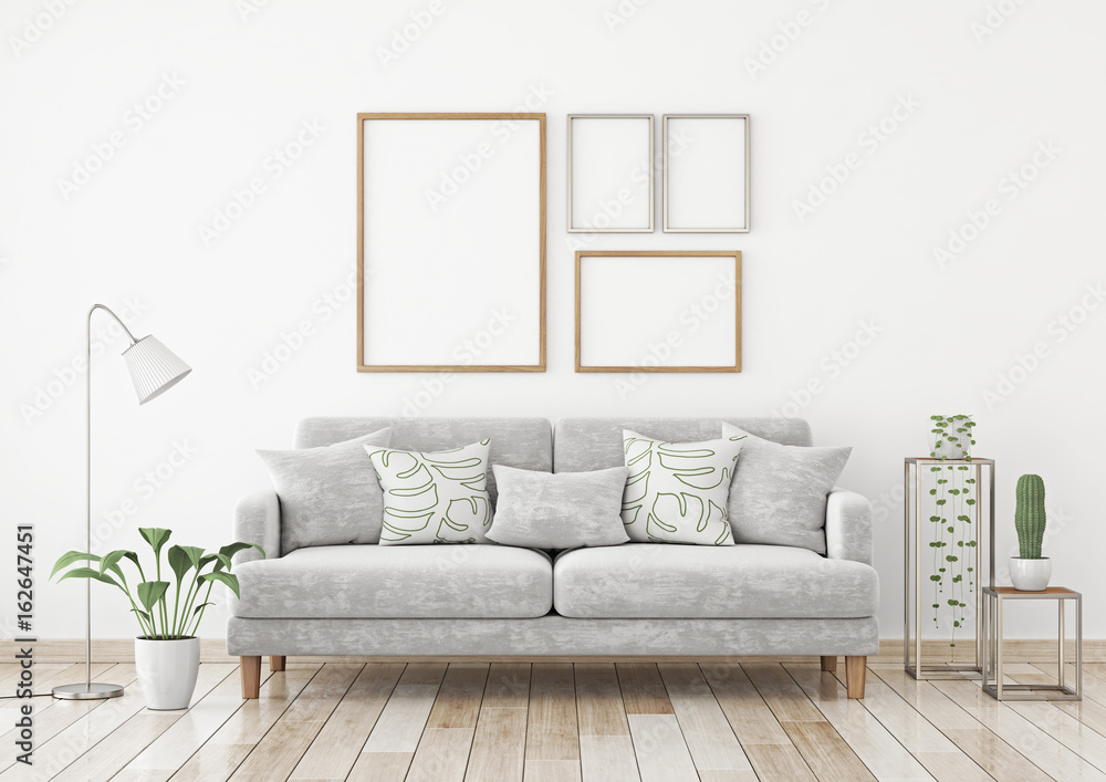 Interior poster mock up with four frames composition on the wall in ...