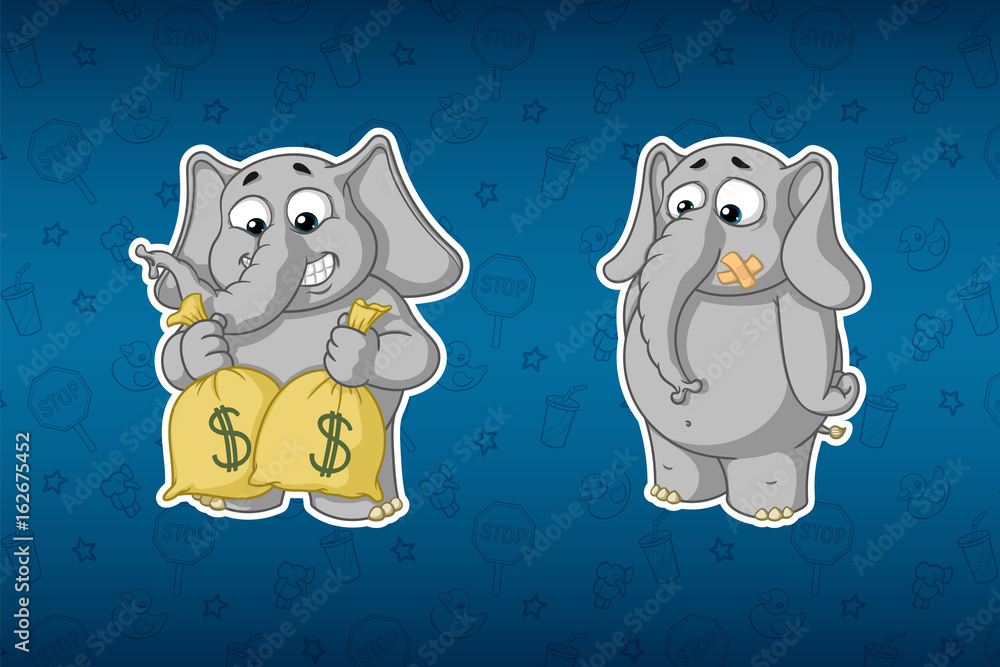 Stickers elephants. Holds bags of money. Much money. with mouth sealed ...