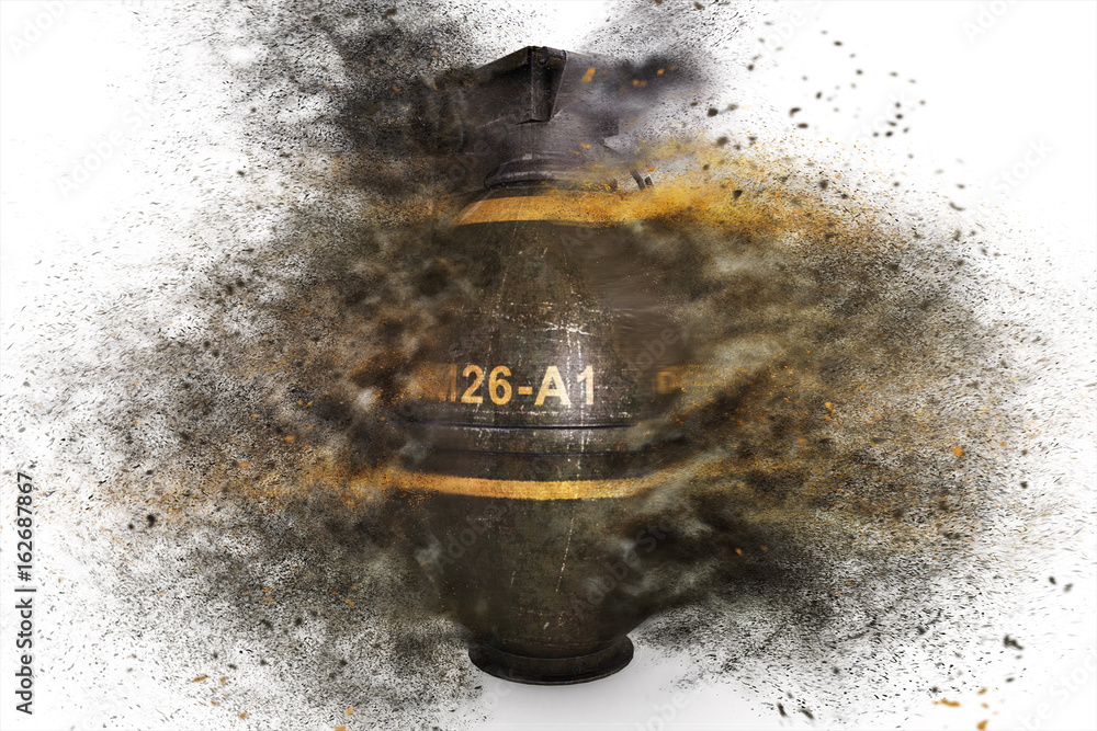 Grenade at the time of explosion on a white isolated background 3d ...