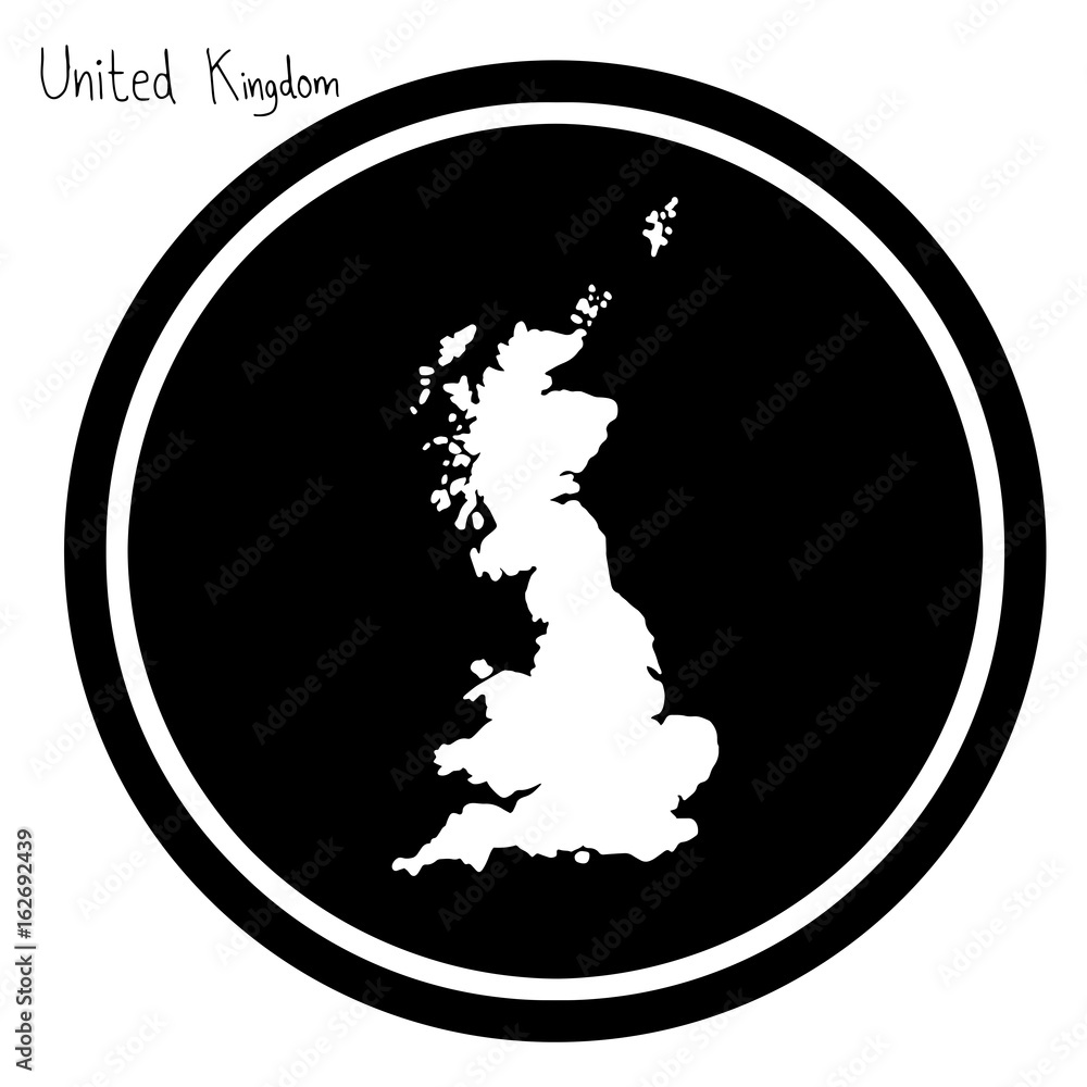 vector illustration white map of United Kingdom on black circle ...
