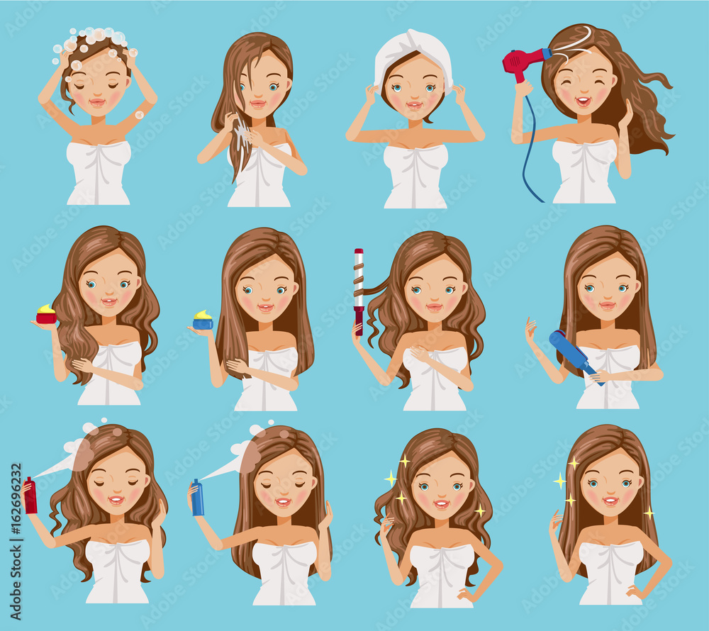 Haircare Cute Teenage Girl Is Washing Her Hair Nourishing Caring And Shaping Her Haircartoon