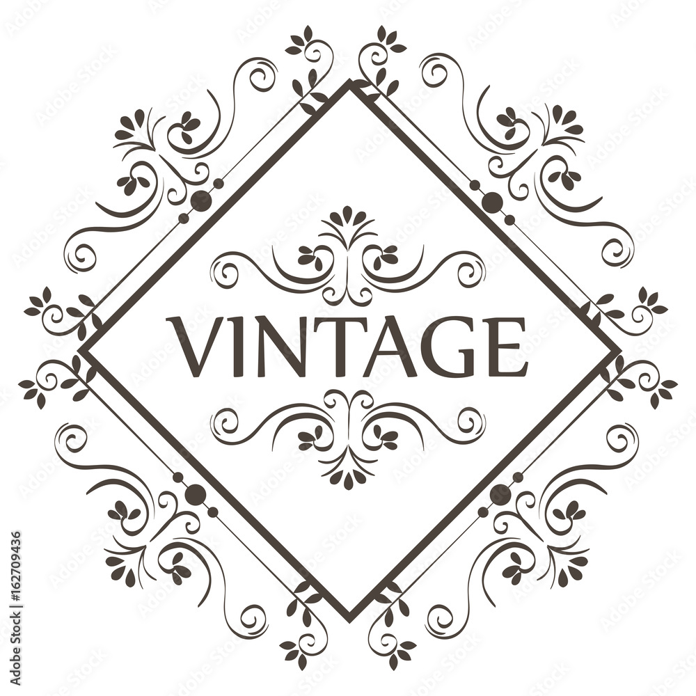 Vintage sign with ornamental borders and diamond shaped frame over ...