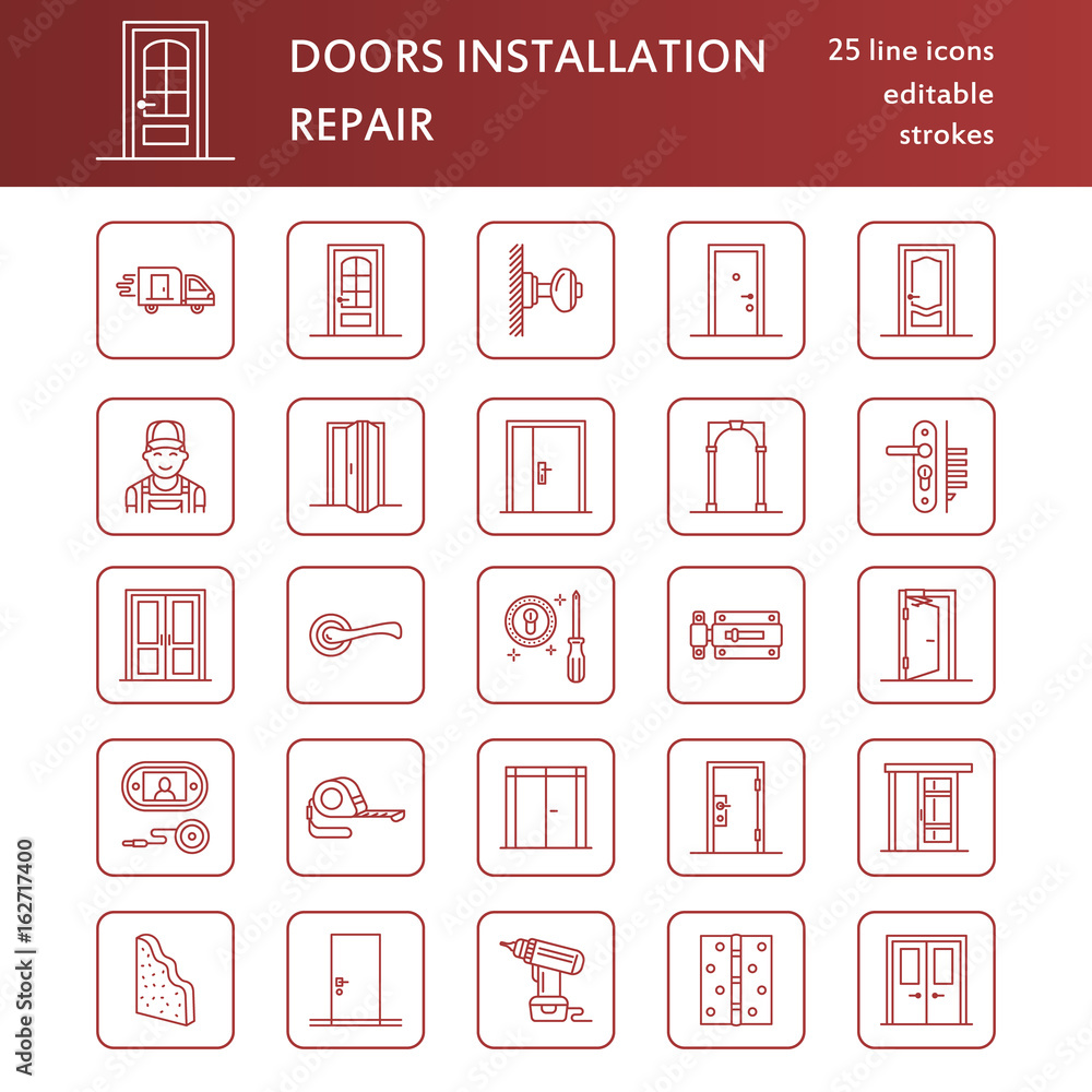 Doors installation, repair line icons. Various door types, handle ...