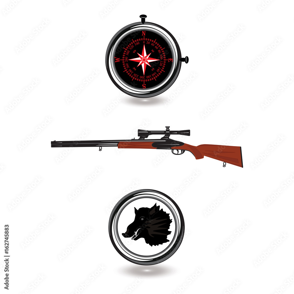 Hunter kit. Compass, pistol, emblem of wild boar head - isolated on ...