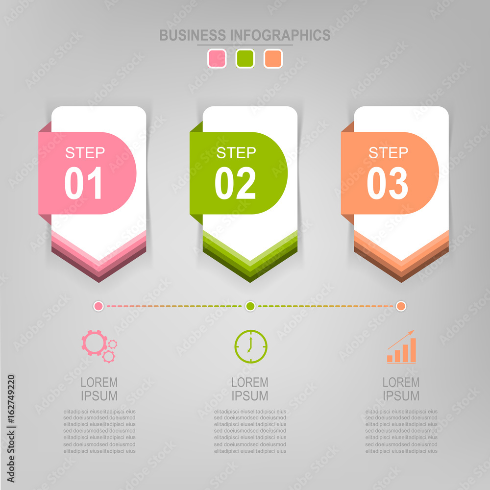 Infographic template of three steps on squares, tag banner, work sheet ...