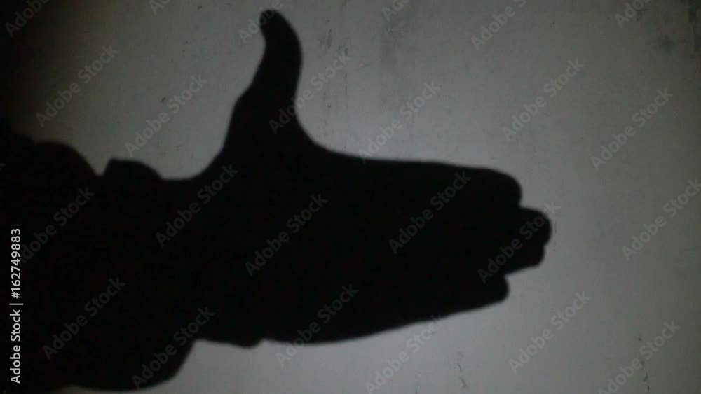 Two hands make a silhouette shadow show of a dog head against white ...
