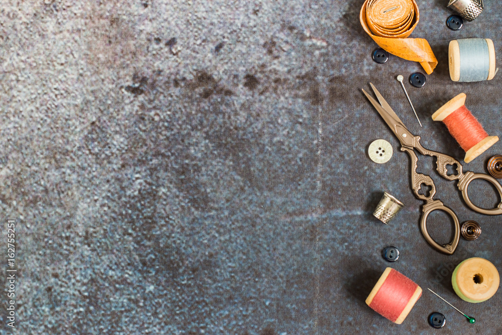 Various sewing accessories and tools for needlework. Old scissors ...