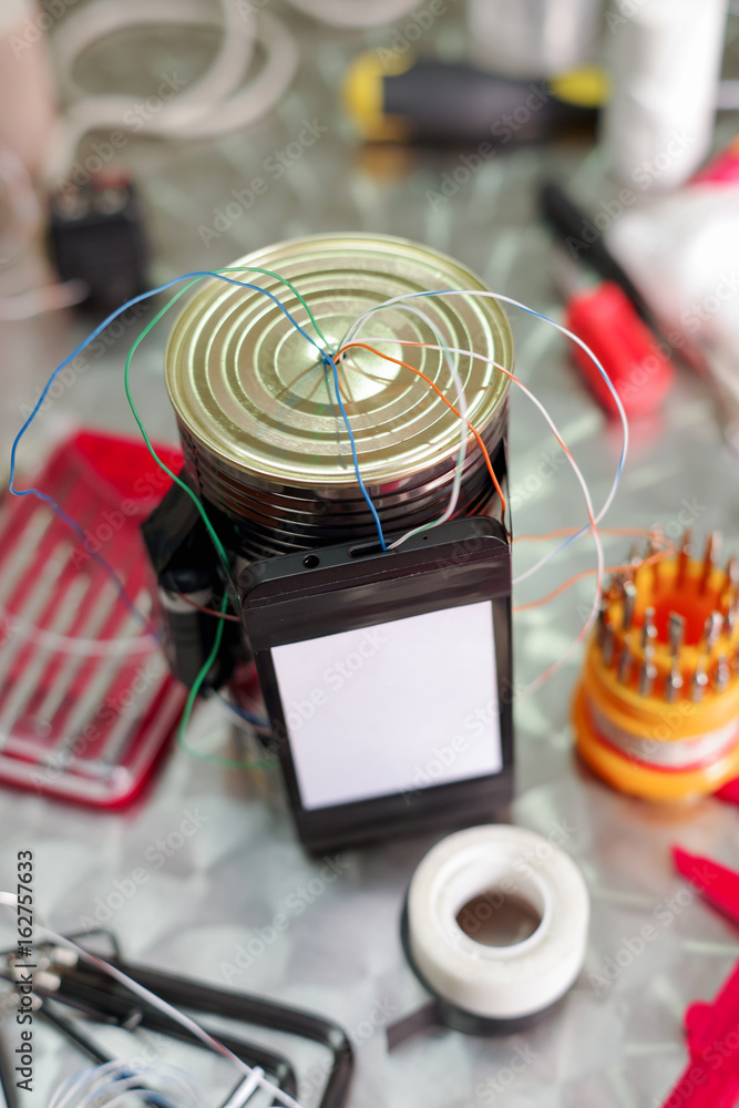 Close up of an improvised homemade bomb explosive device in blurred ...