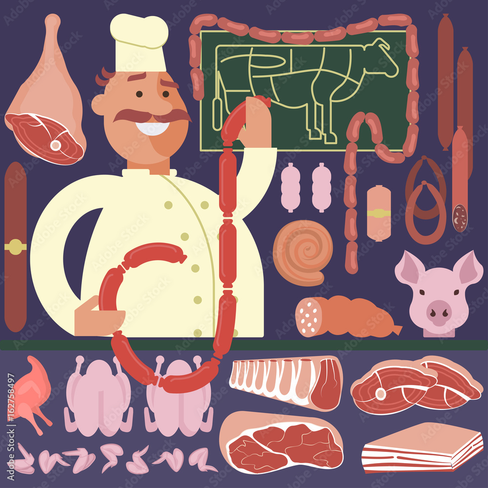 Cartoon character Butcher and meat shop with sausages beef and bacon ...