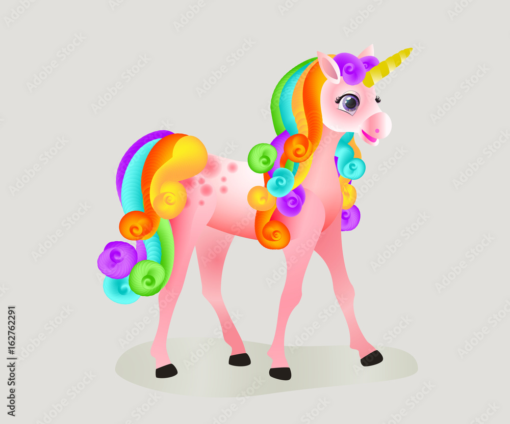 Cute cartoon unicorn with a rainbow mane and a tail. Isolated image ...