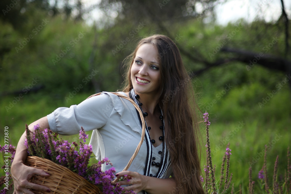 Beautiful model girl in garden, forest, enjoying nature. Style, fashion ...