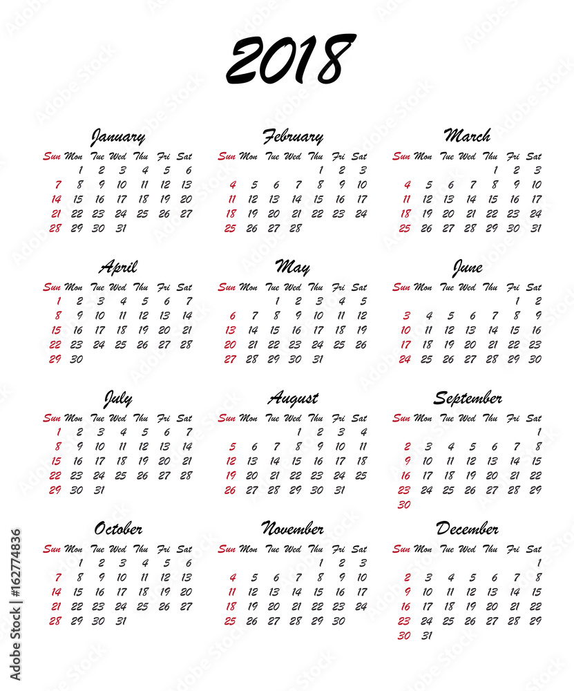 Calendar 2018 year. Week starts Sunday, US. Vector clear or blank ...