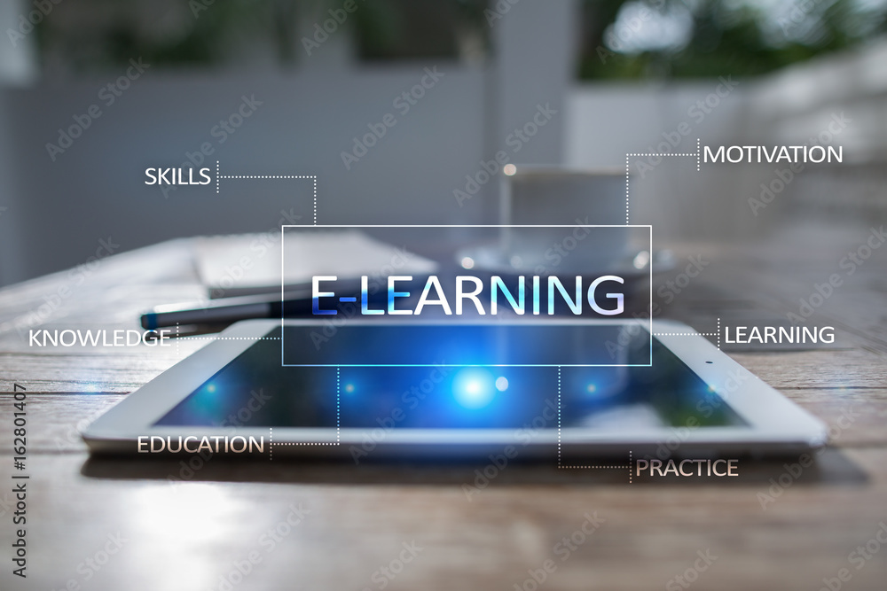 E-Learning on the virtual screen. Internet education concept. Stock ...