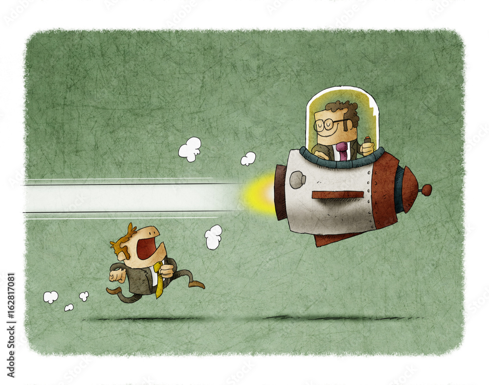 Competition between business people, one goes inside a rocket and ...