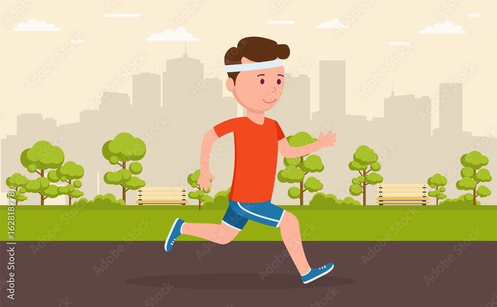 Man jogging in park amid a big city. Cartoon illustration of a r Stock ...