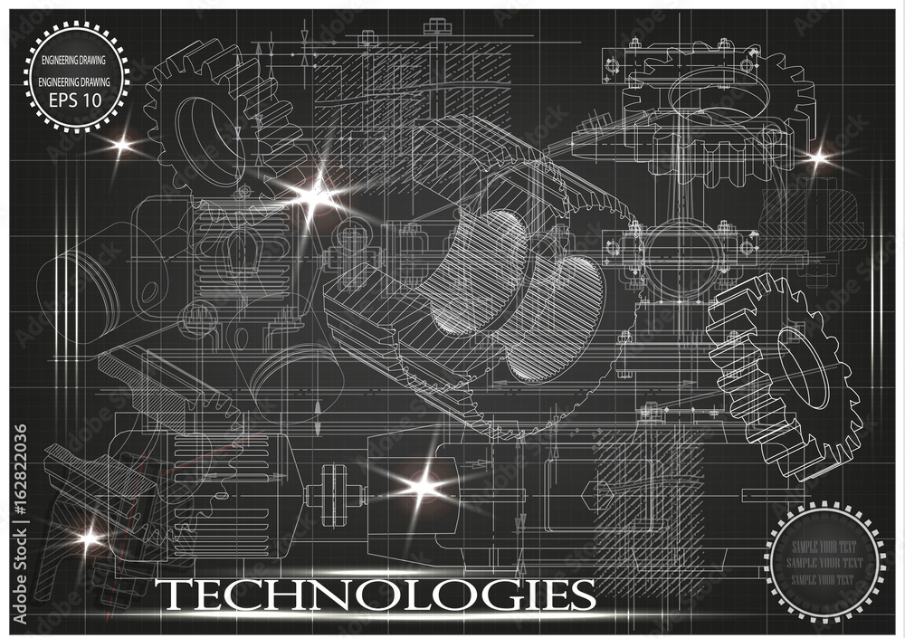 Machine-building drawings on a black background, wheels. Stock Vector ...