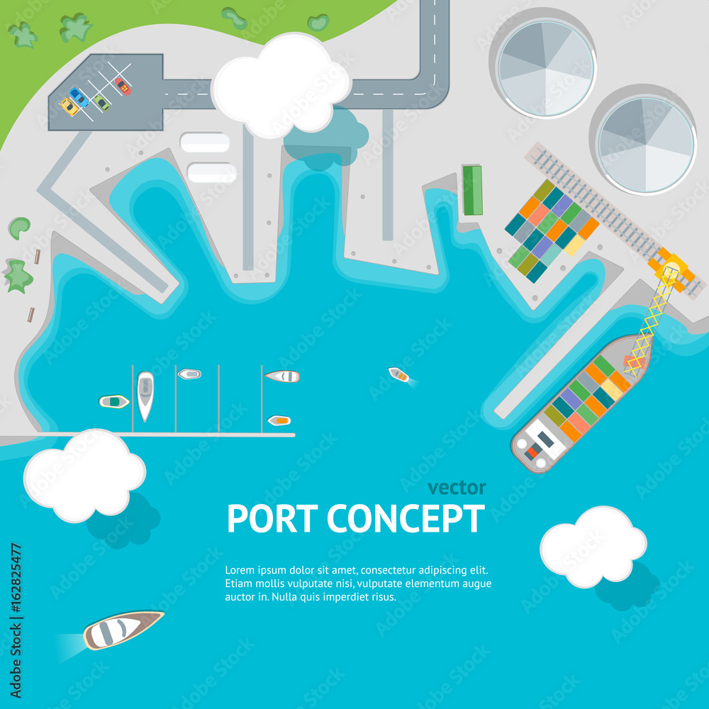 Cartoon Port Town and Barge Ship Concept Banner Card. Vector Stock ...