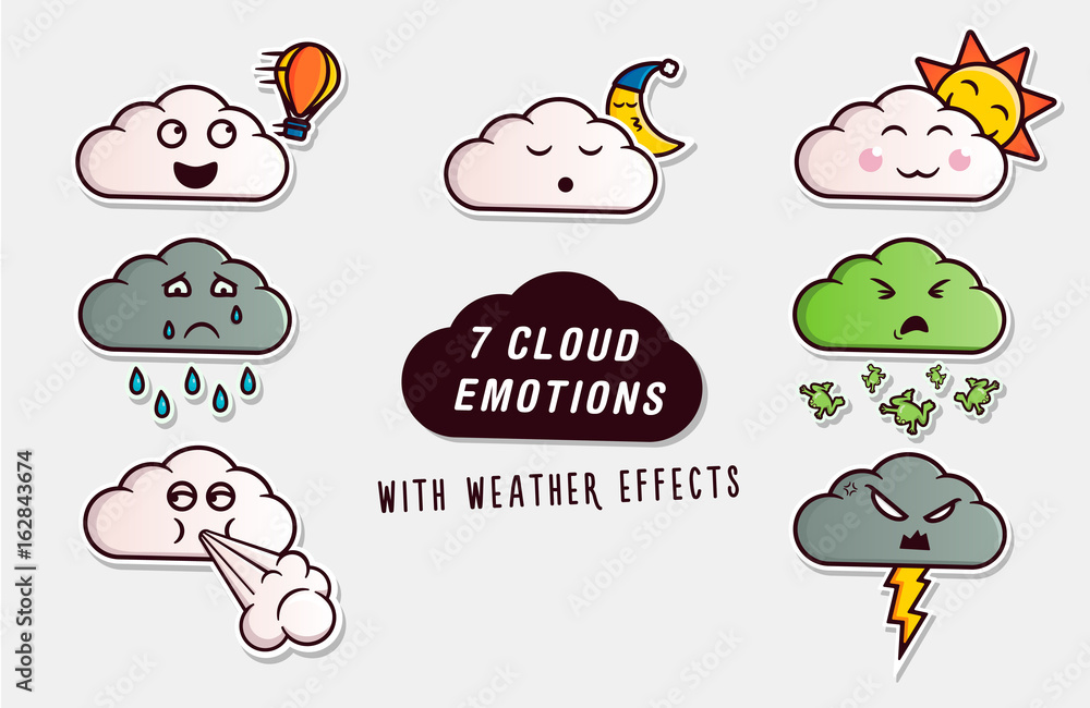 Set of cute clouds with different emotions and weather effects. Vector ...