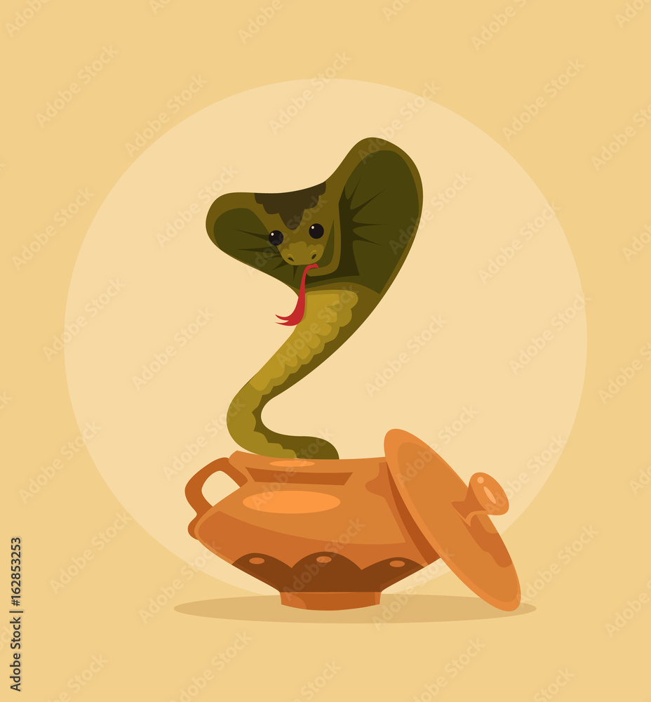 Happy smiling kind cobra snake character dancing in pot. Vector flat ...